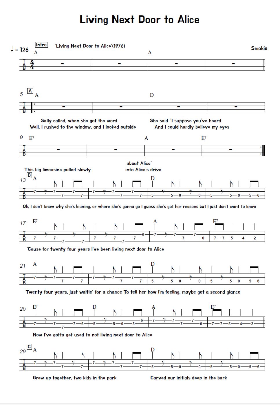 Smokie - Living Next Door to Alice Sheet Music by 김미(Kimme)