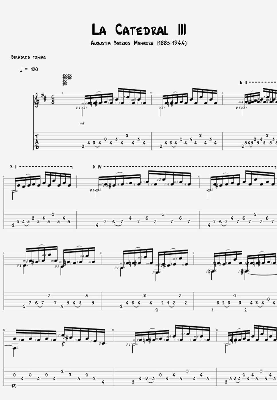 Augustin Barrios Mangore - La Catedral III TAB+1 Staff by Agape Guitar