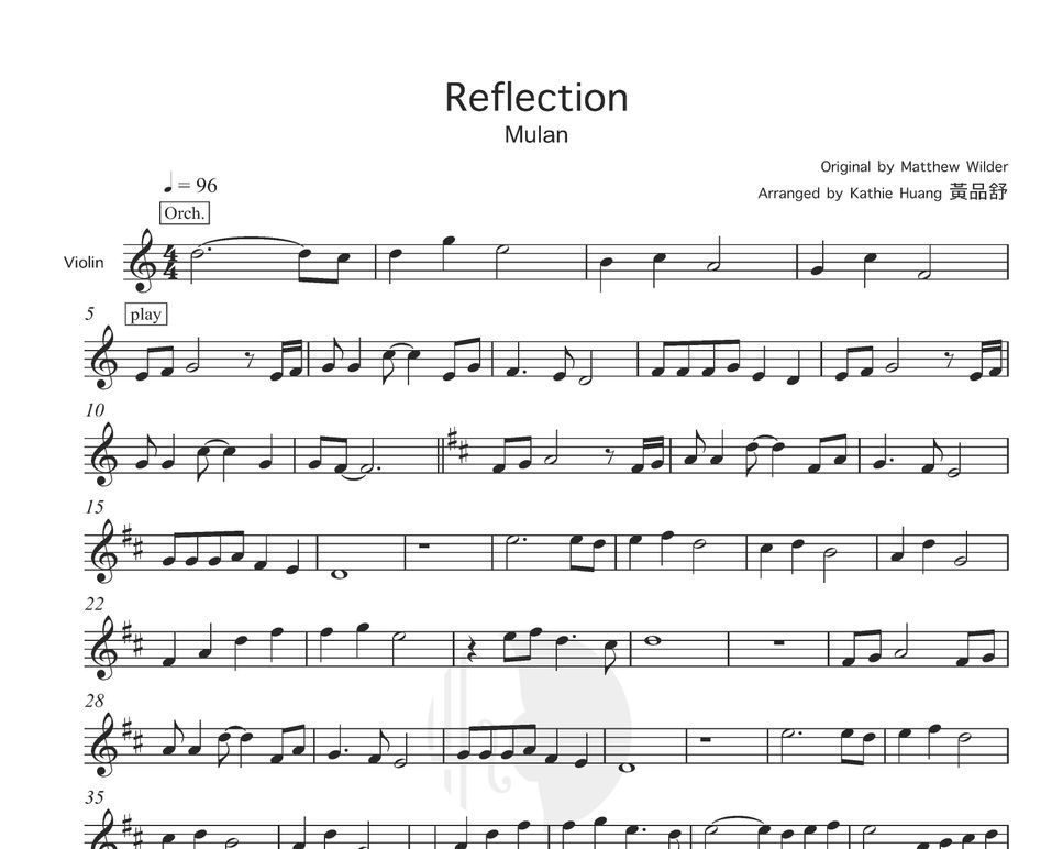 Matthew Wilder - Reflection (Mulan OST) Partition musicale by Kathie Violin