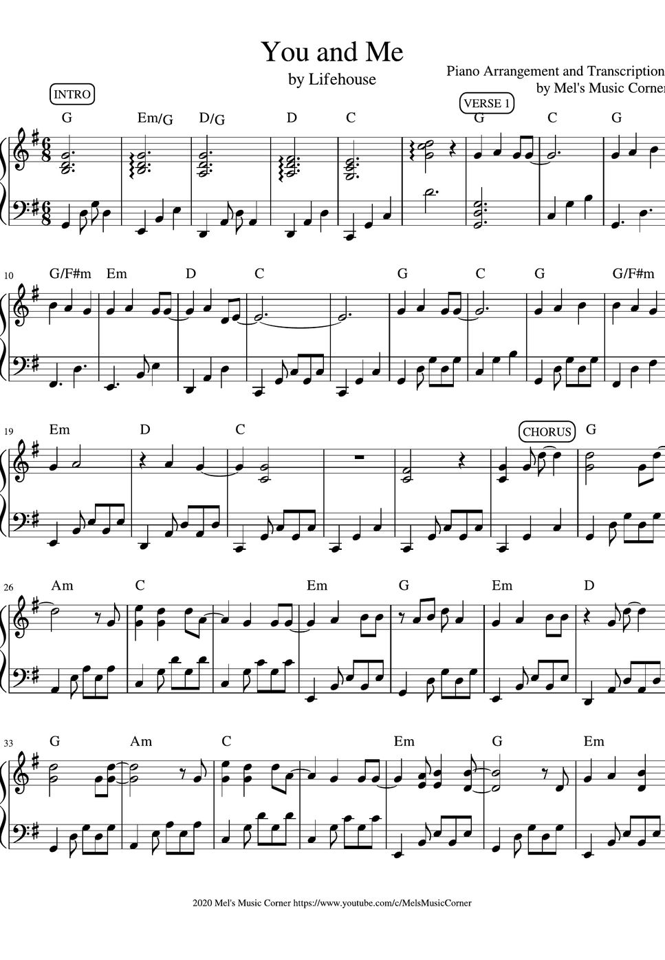 Lifehouse - You and Me (piano sheet music) Sheet by Mel's Music Corner