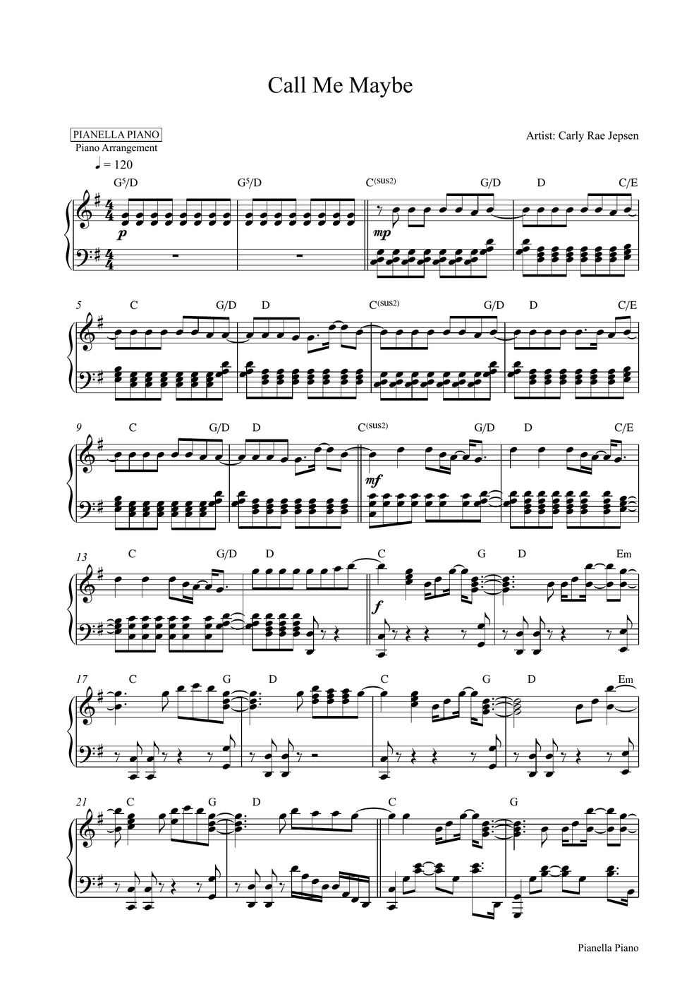 Carly Rae Jepsen - Call Me Maybe (Piano Sheet) Nuty by Pianella Piano