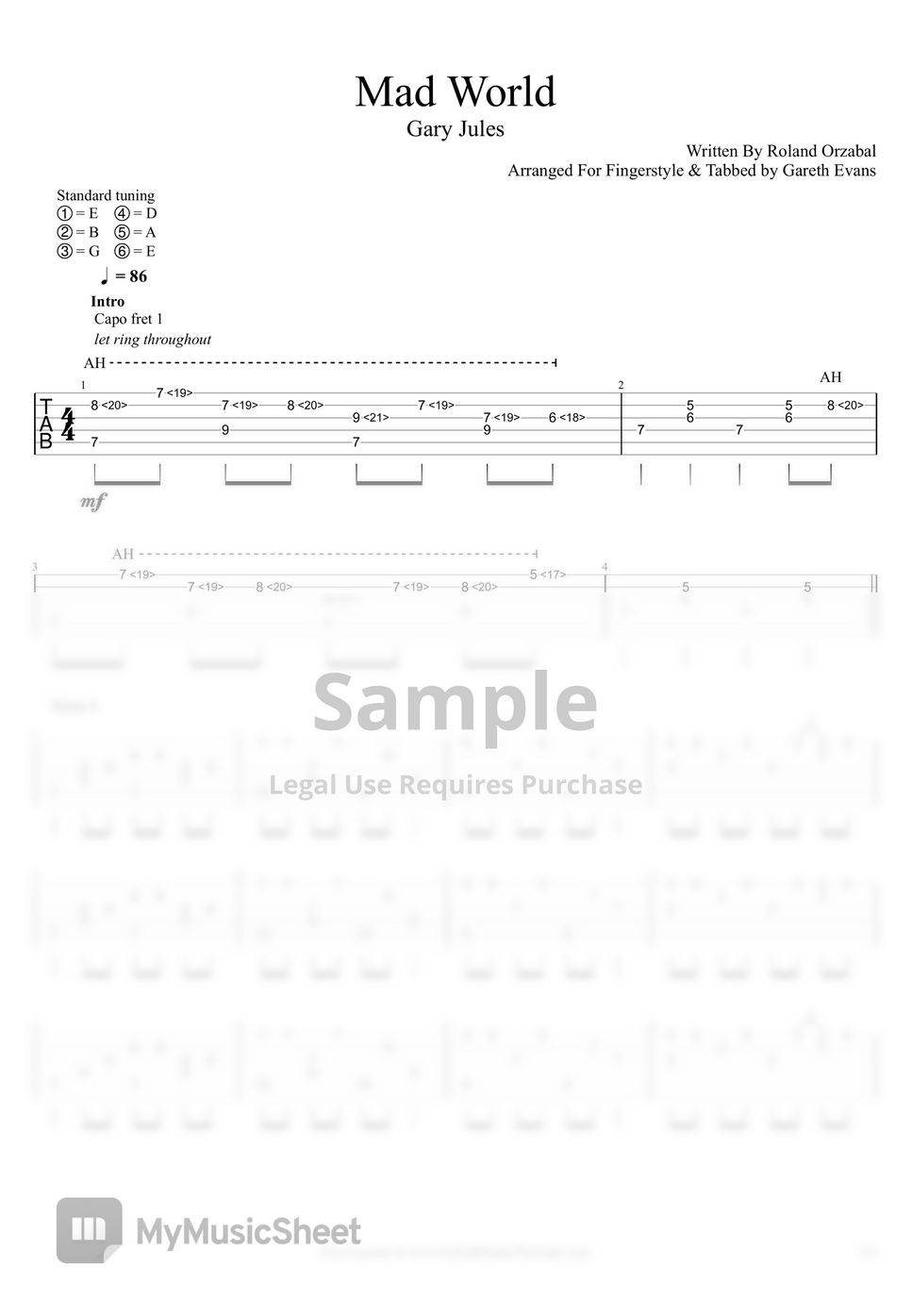 Gary Jules - Mad World (Fingerstyle) TAB by Gareth Evans