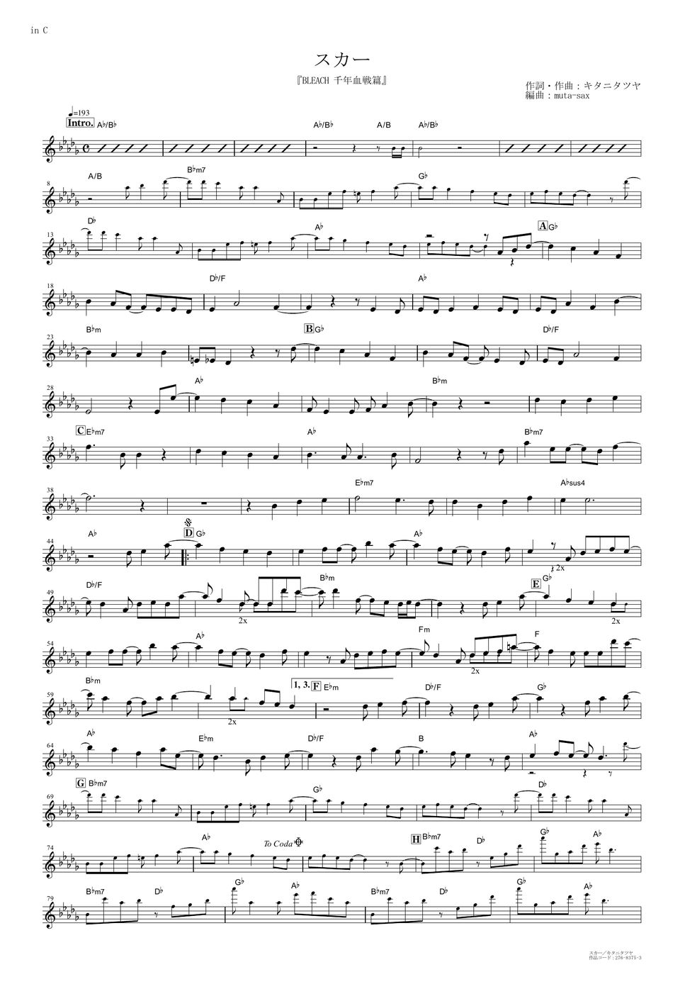 Tatsuya Kitani - Scar (Bleach: Thousand-Year Blood War / in C) Sheet by ...