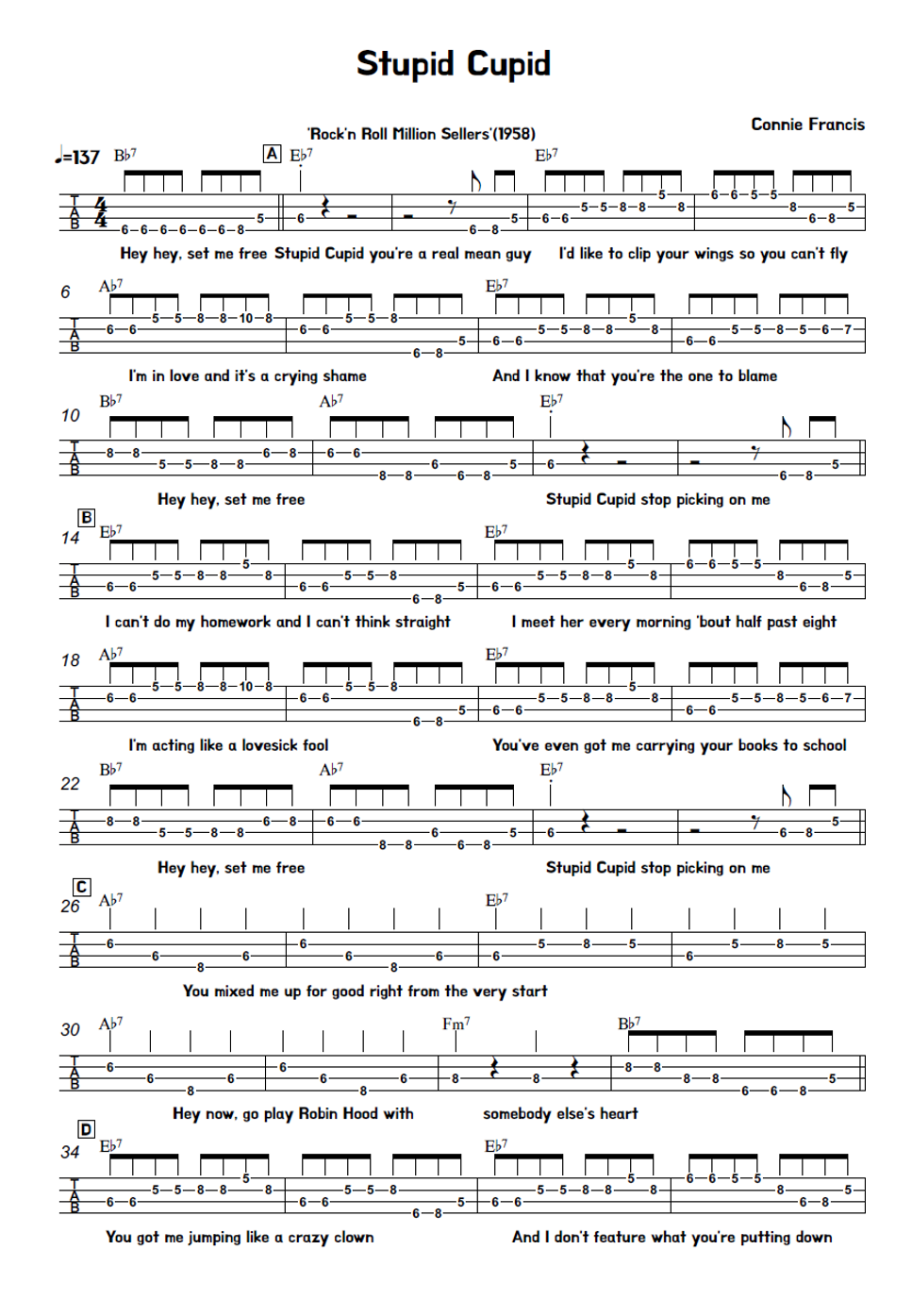 Connie Francis - Stupid Cupid Sheet Music by 김미(Kimme)