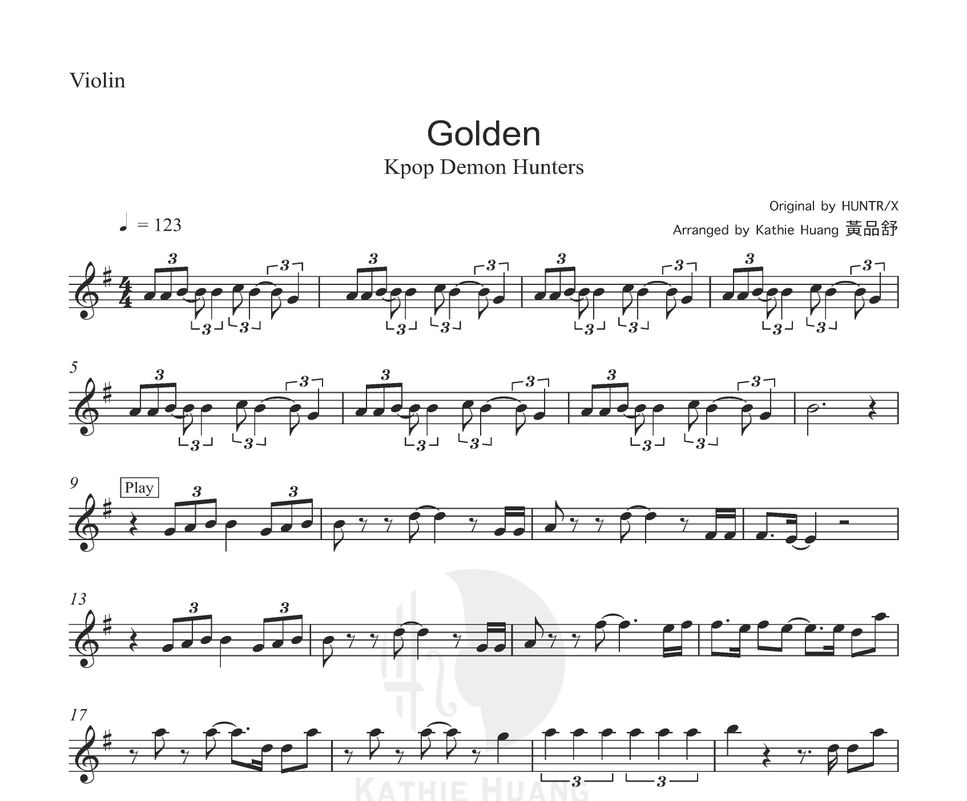 HUNTR/X - Golden (Kpop 獵魔女團OST含伴奏音檔) Sheet Music by Kathie Violin