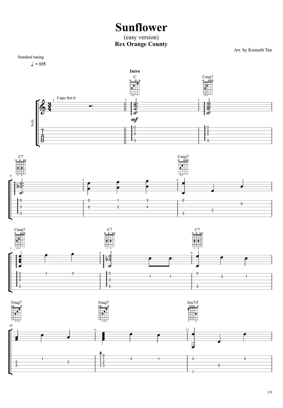 Rex Orange County | Fingerstyle Guitar - Sunflower (easy version) TAB ...