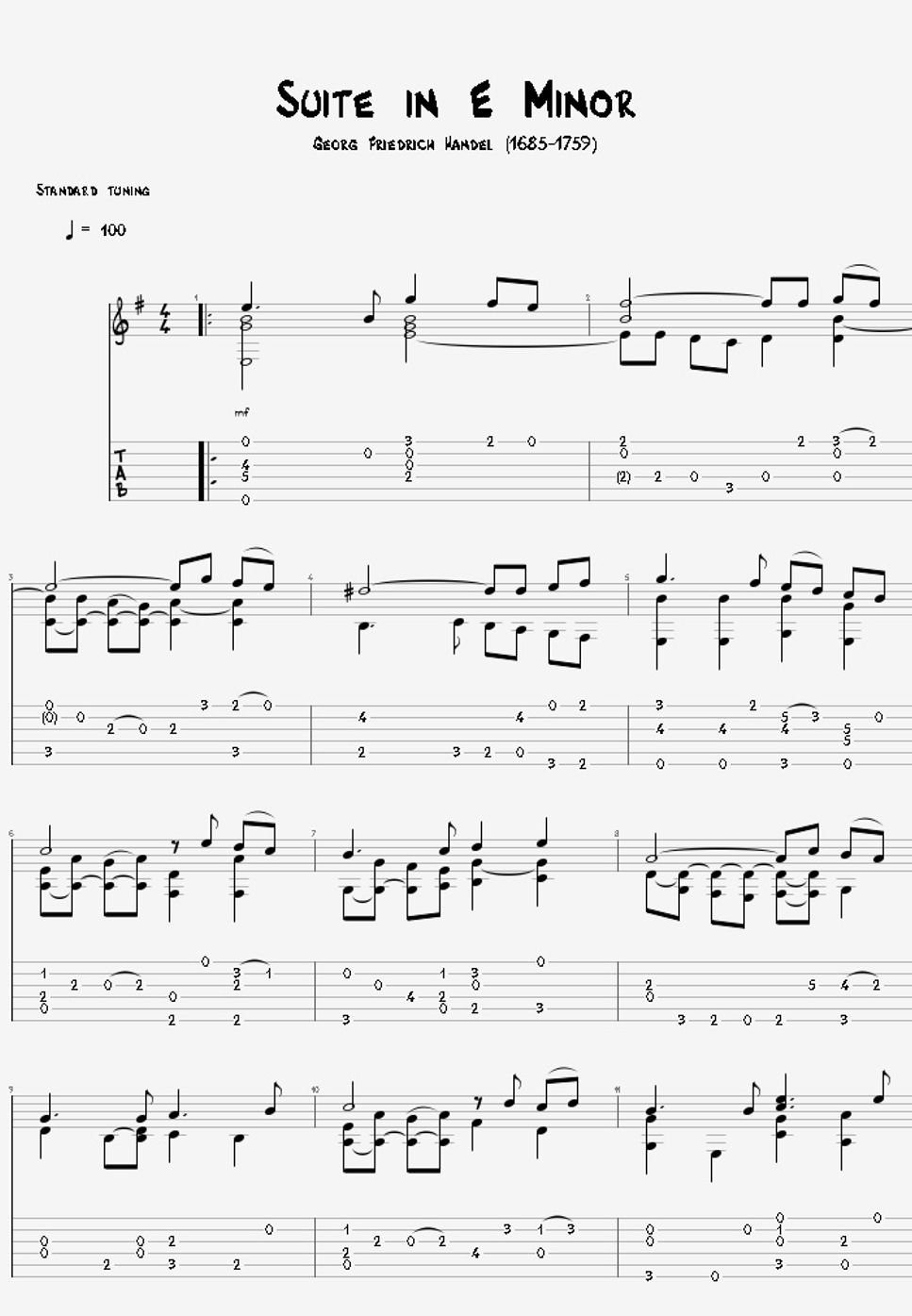 Georg Friedrich Handel - Suite in E Minor TAB+1 Staff by Agape Guitar