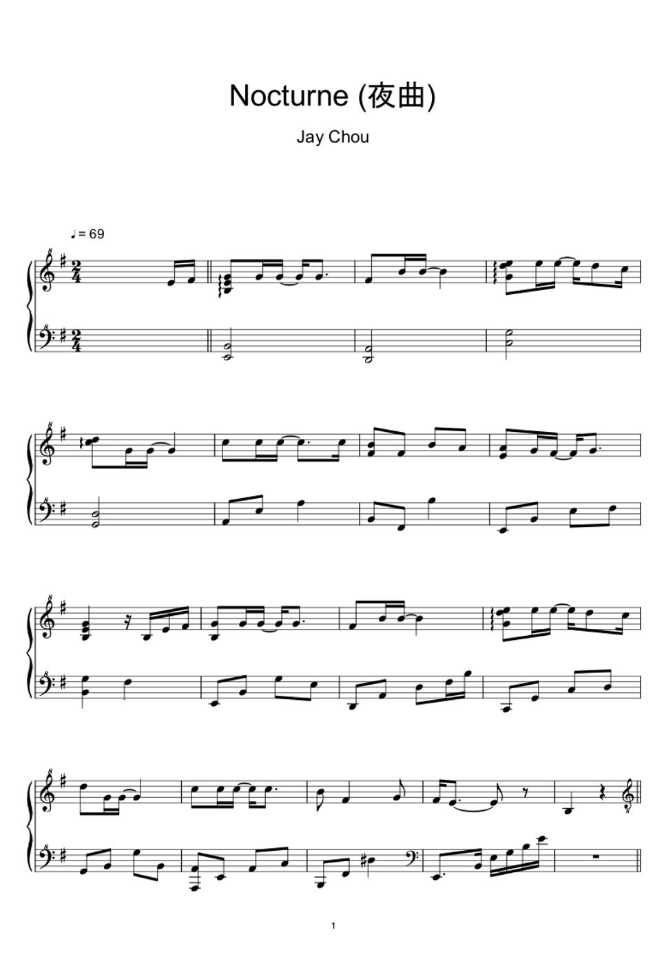 周杰倫 (Jay Chou) - Nocturne (Ye Qu 夜曲) (Sheet Music, MIDI,) 樂譜 by sayu