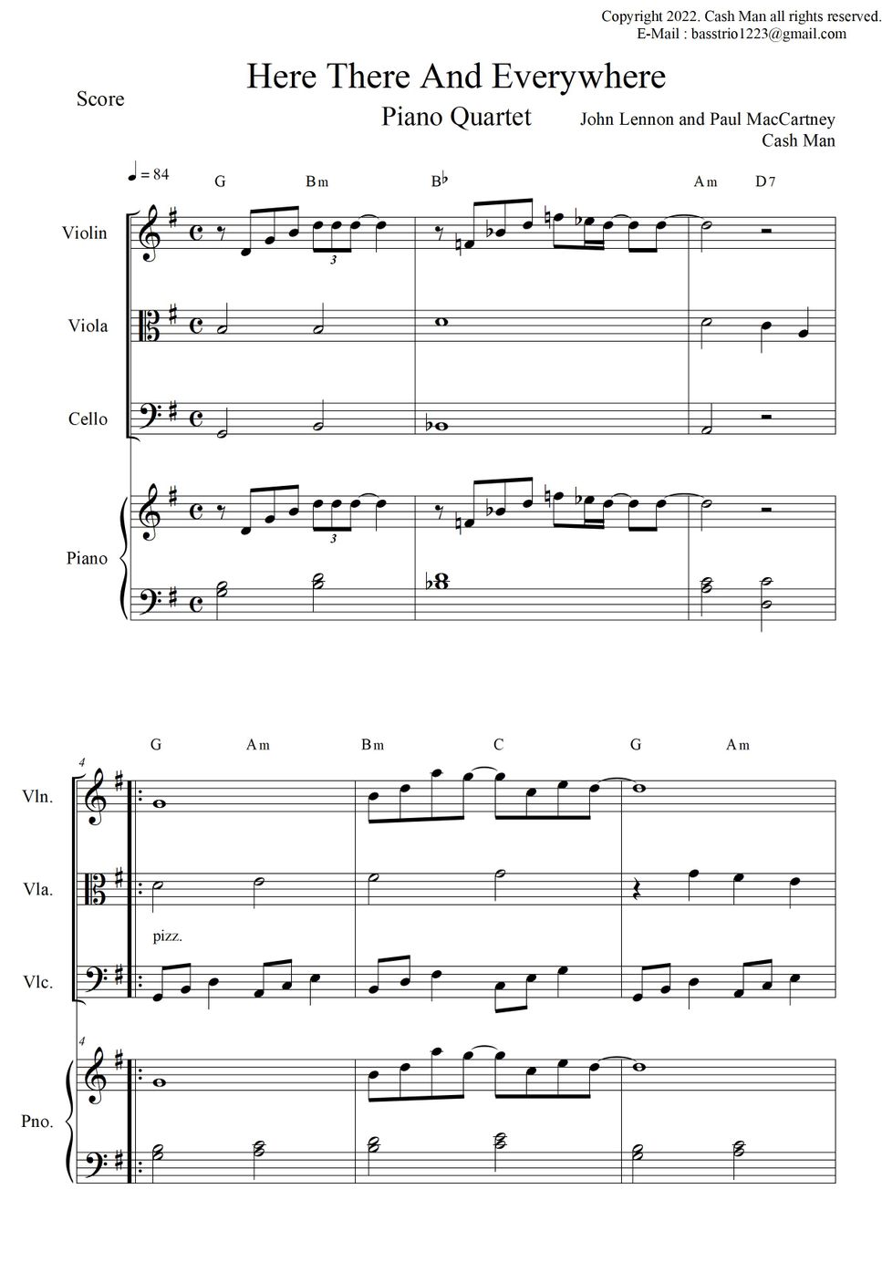 The Beatles - Here There And Everywhere (Piano Quartet Arrangement / Full Score / Part Score ...