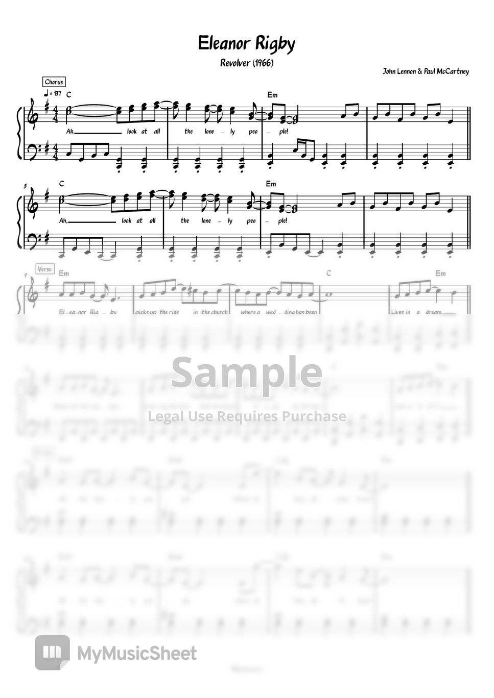 The Beatles - Eleanor Rigby (Piano) Sheets by Meowscore