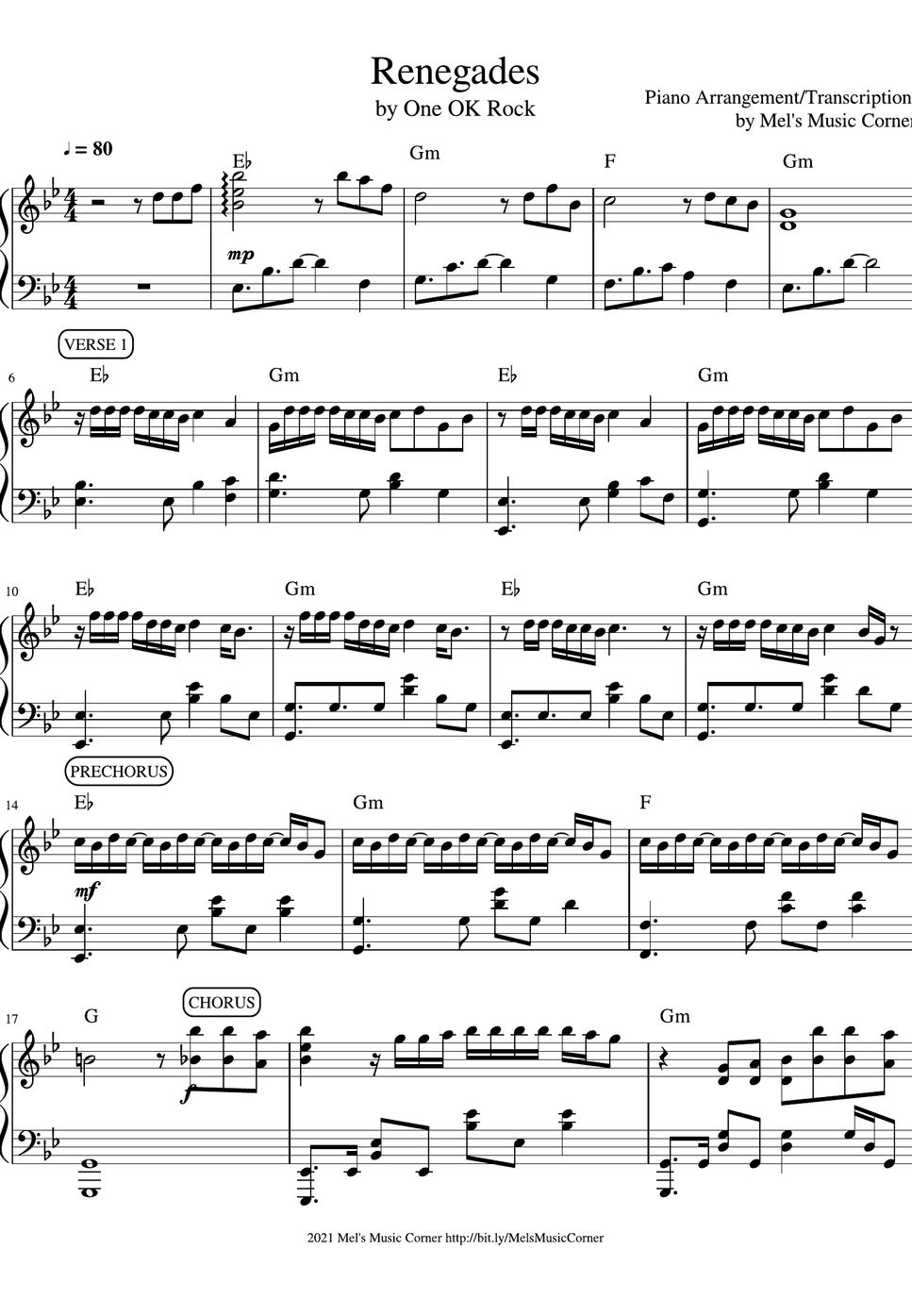 ONE OK ROCK - Renegades (piano sheet music) Лист by Mel's Music Corner