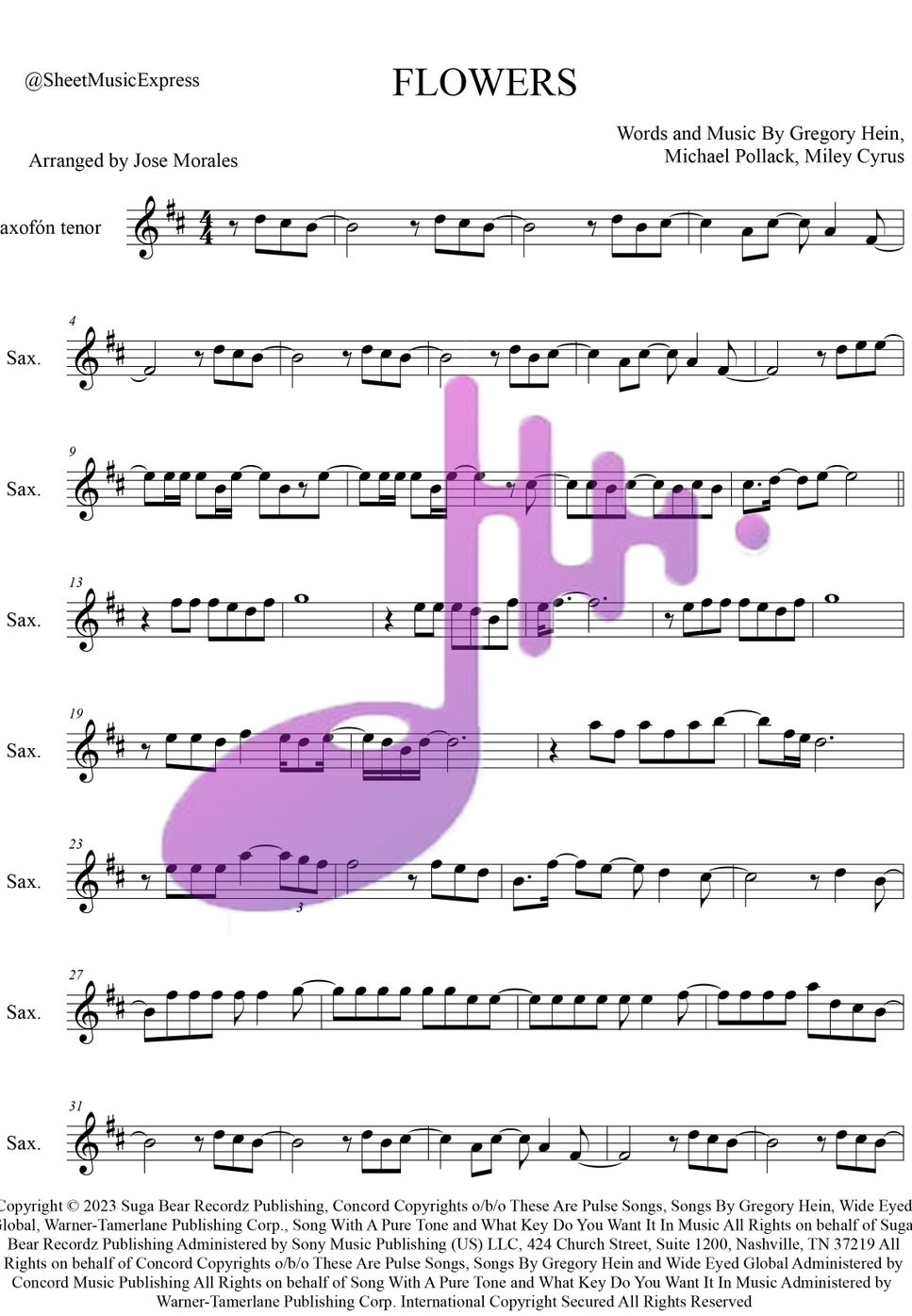 Miley Cyrus - Flowers - Miley Cyrus Tenor Sax Sheet Music | mymusic5