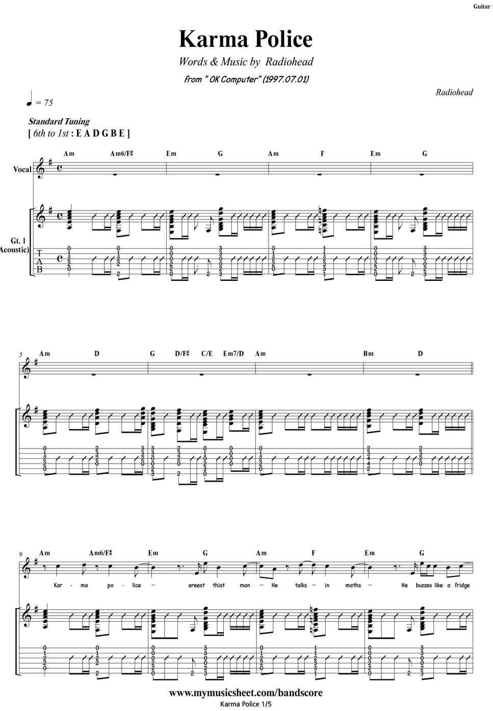 Radiohead - Karma Police | Bandscore Notenblatt