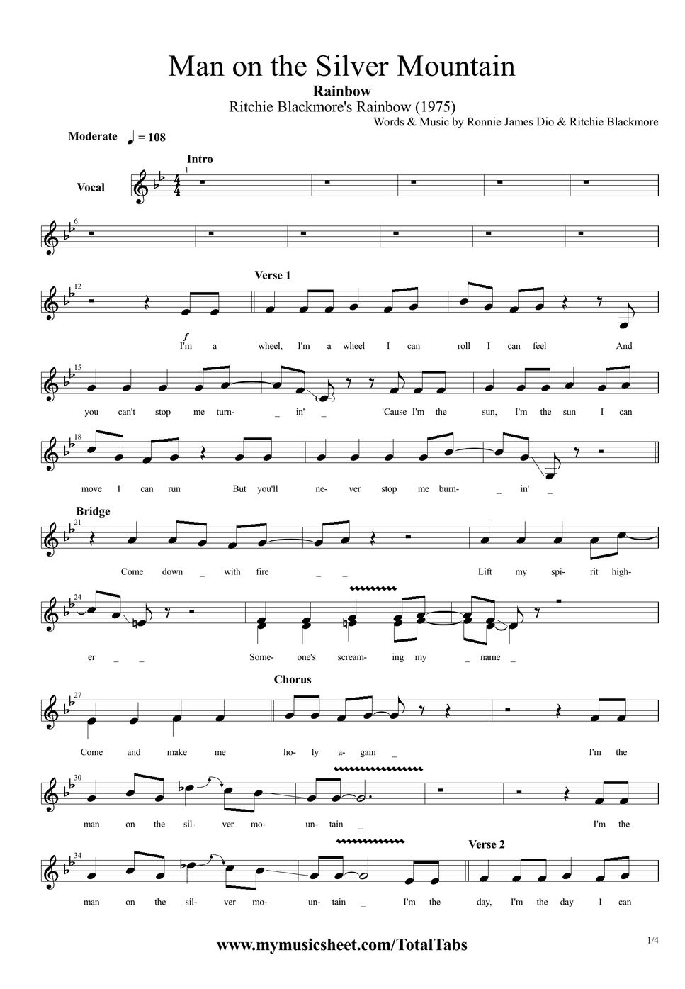 Rainbow - Man on the Silver Mountain (Vocal) نوتة