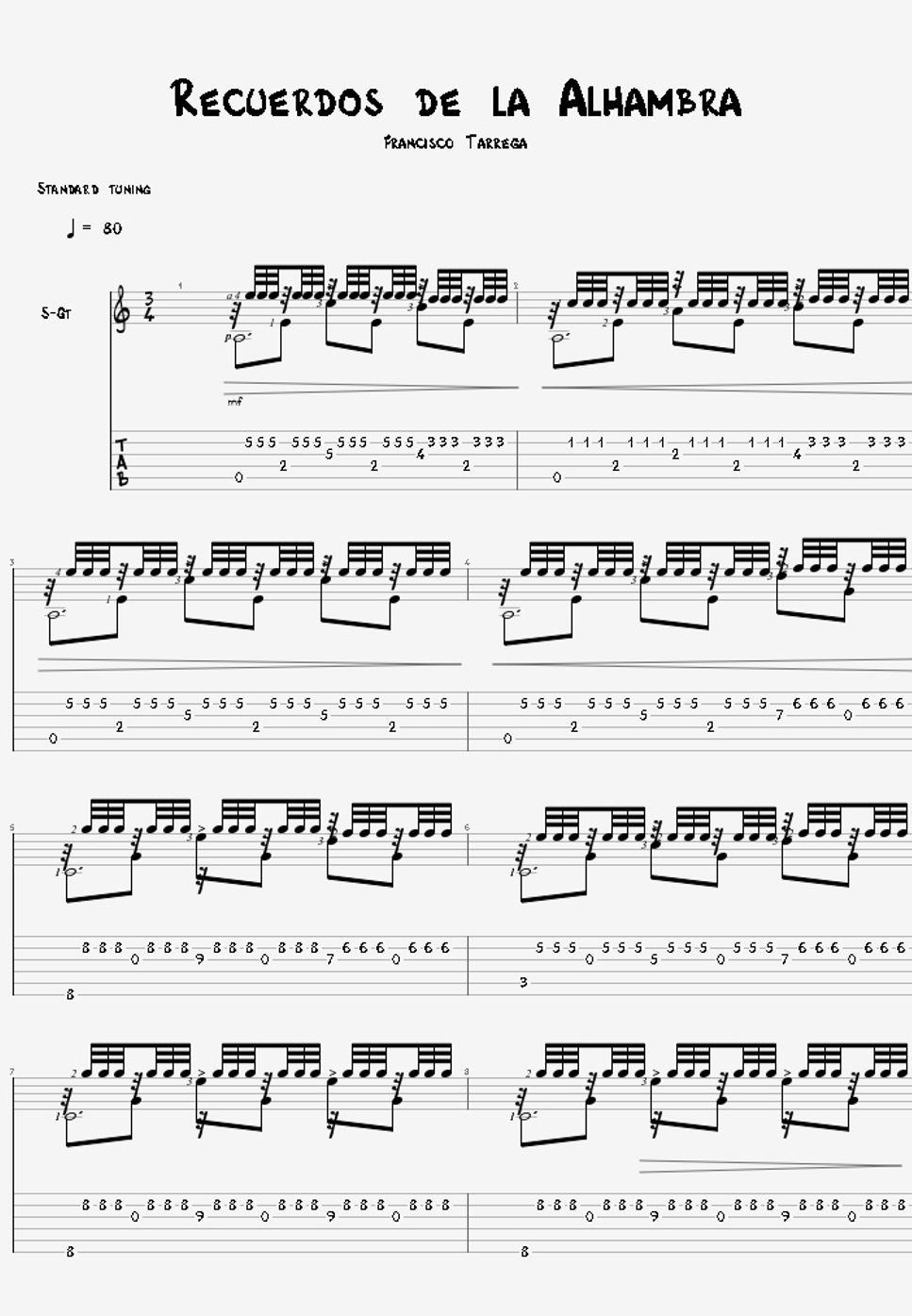 Francisco Tarrega - Recuerdos de la Alhambra Tab + 1staff by Agape Guitar