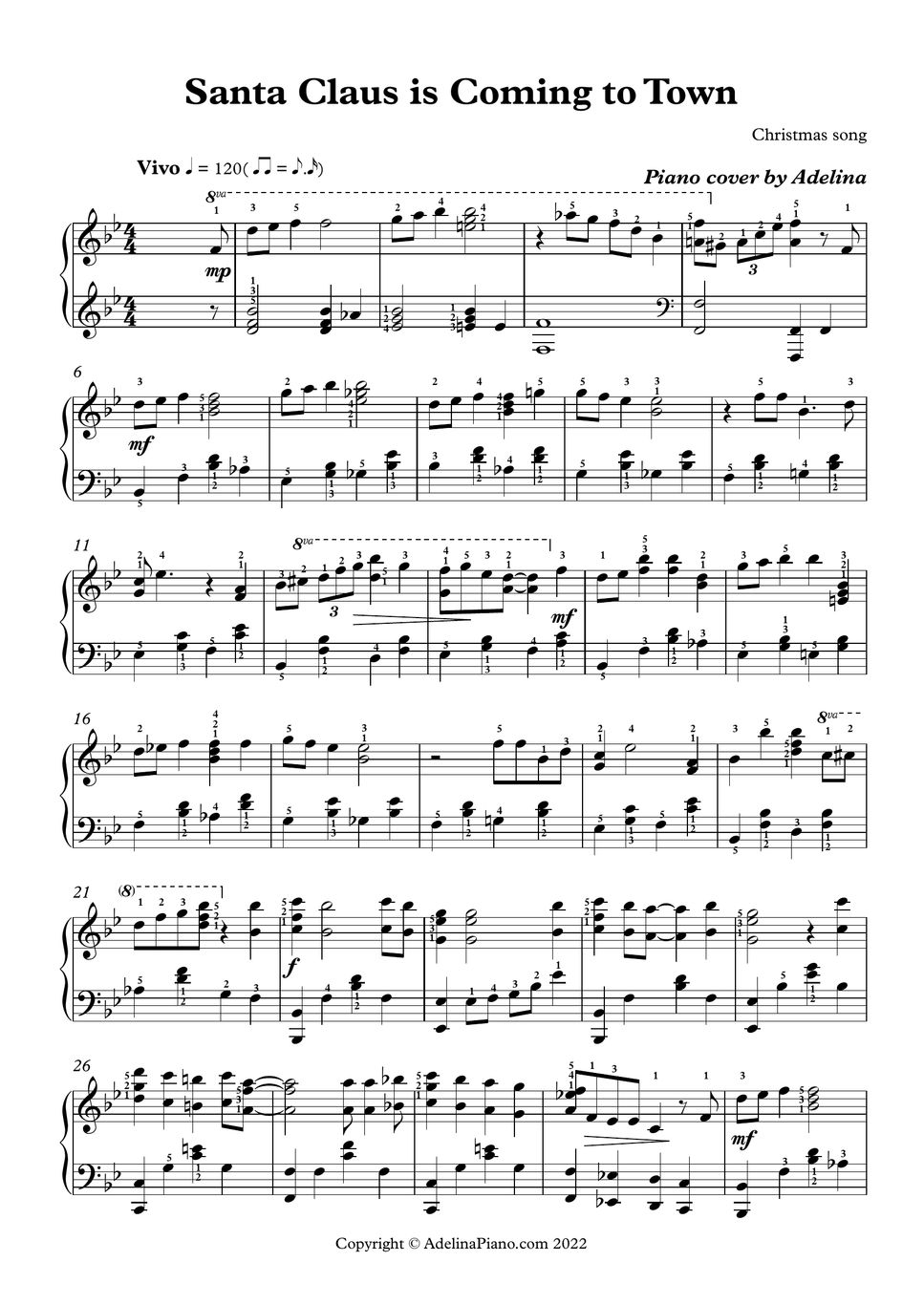 Christmas song - Santa Claus Is Coming To Town 樂譜 by Adelina Piano