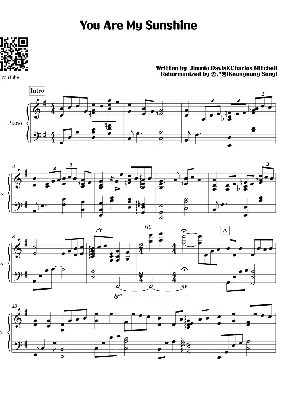 Jimmie Davis&Charles Mitchell - You Are My Sunshine Sheet by Keunyoung Song(송근영)