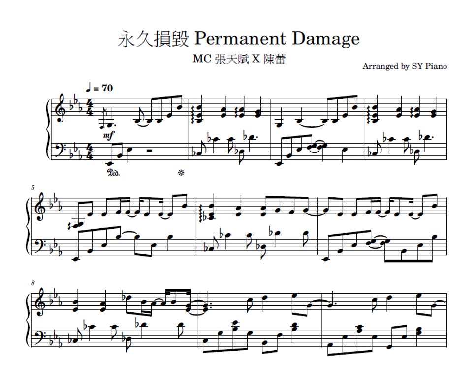 徐浩 - MC 張天賦 X 陳蕾 - 永久損毀 Permanent Damage Sheet Music by SY Piano