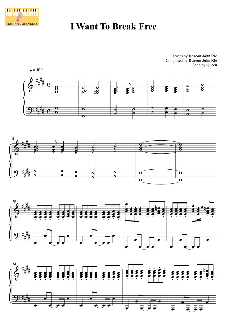 Queen - I Want To Break Free 피아노커버 [PIANO COVER] 楽譜