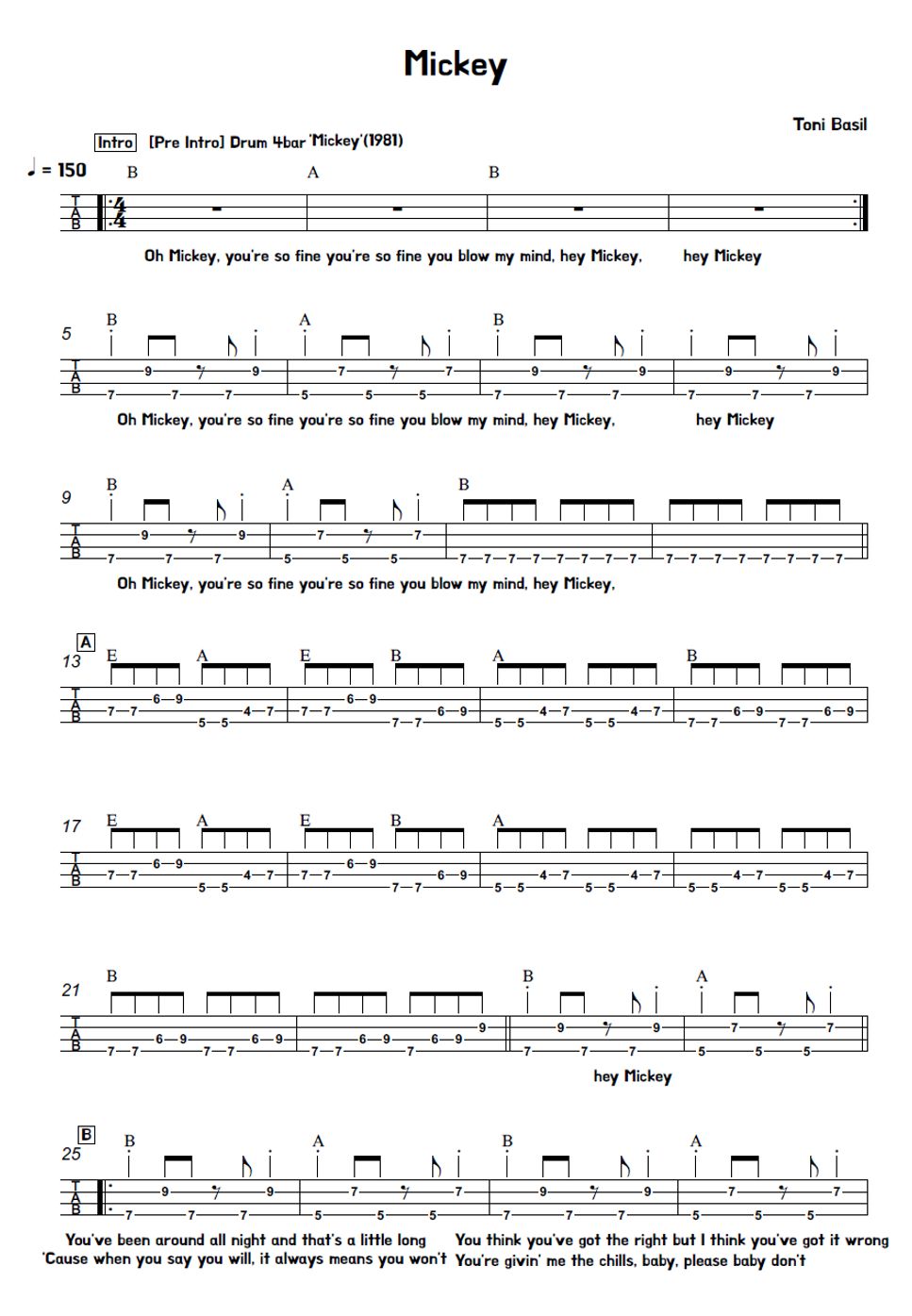 Toni Basil - Mickey Sheet Music by 김미(Kimme)