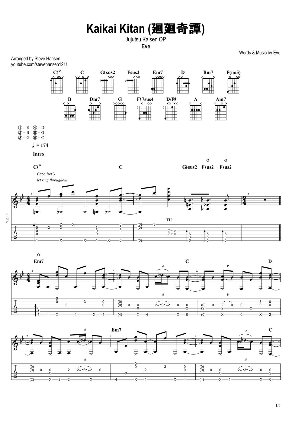 Eve - Kaikai Kitan (From "Jujutsu Kaisen") (Fingerstyle) TAB by Steve ...
