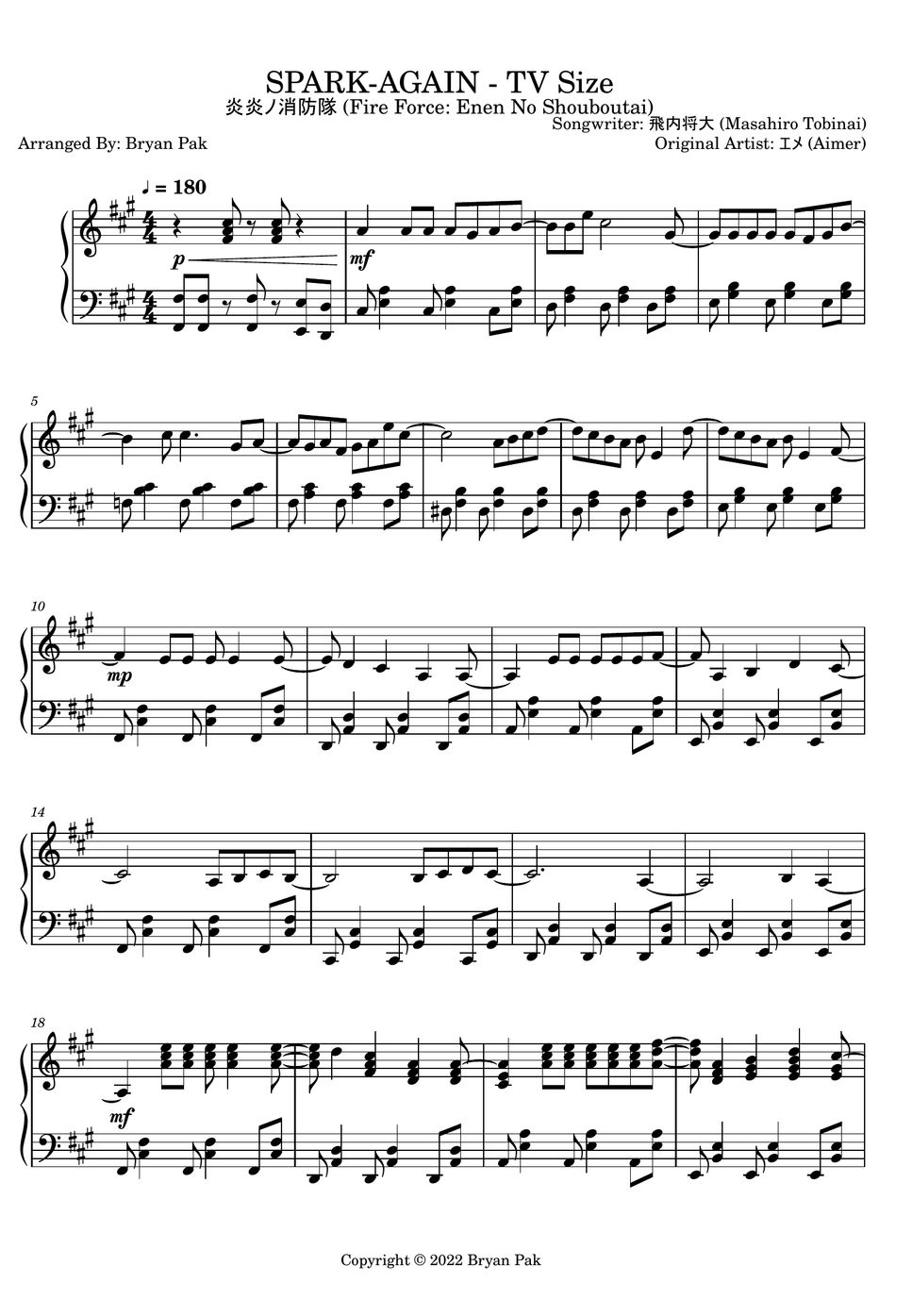 Aimer - SPARK-AGAIN (Fire Force: Enen No Shouboutai) (TV Size) نوتة by ...