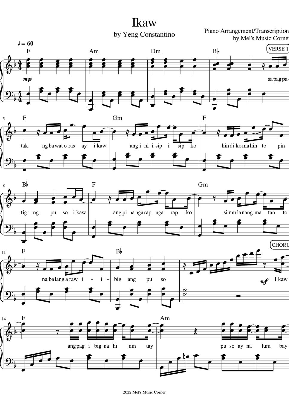 Yeng Constantino - Ikaw (piano sheet music) 曲谱 by Mel's Music Corner