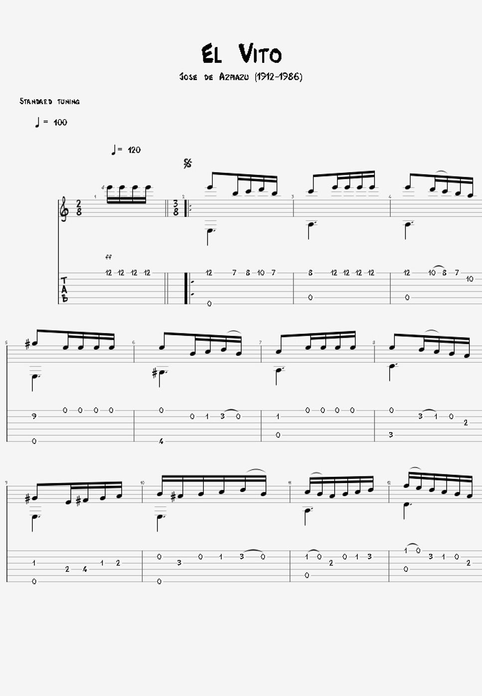 Jose de Azpiazu - El Vito Acoustic Guitar TAB+1 Staff PDF | Agape ...