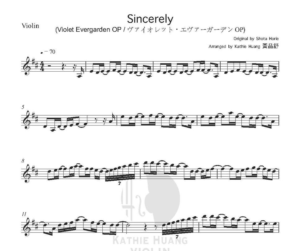 TRUE - Sincerely (VioletEvergarden OP Includes Instrumental) Spartito ...