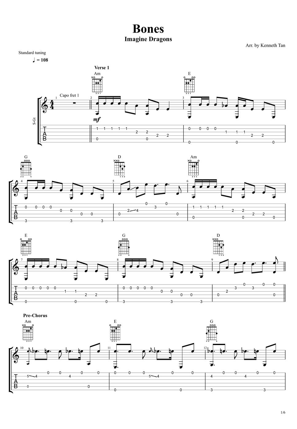 Imagine Dragons | Fingerstyle Guitar - Bones TAB by Kenneth Acoustic