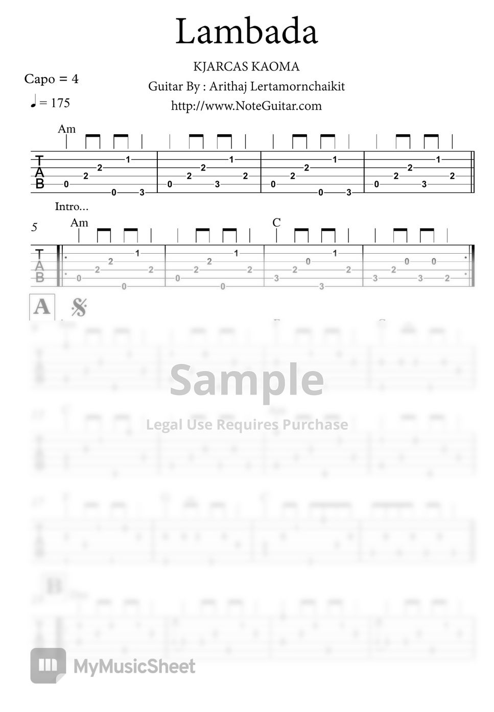 (KJARCAS KAOMA) - Lambada - Fignerstyle Guitar TAB by Arithaj Lk