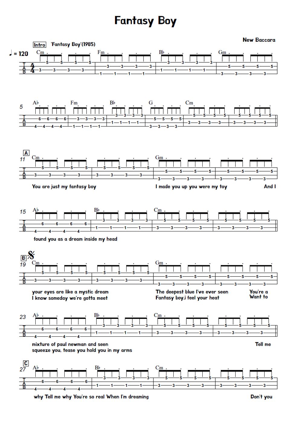 New Baccara - Fantasy Boy Sheet Music by 김미(Kimme)