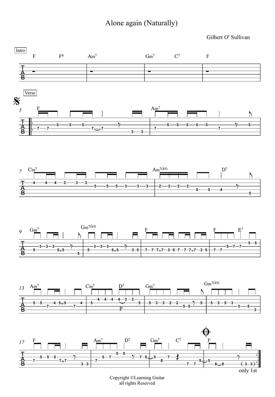 Gilbert O' Sullivan - Alone again (Naturally) Guitar Melody TAB TAB