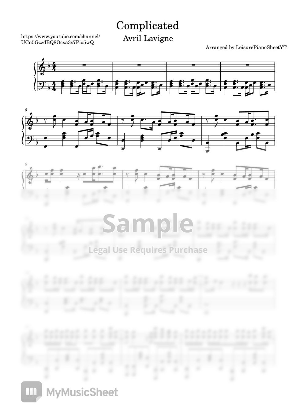 Avril Lavigne - Complicated Sheet by Leisure Piano Sheet YT