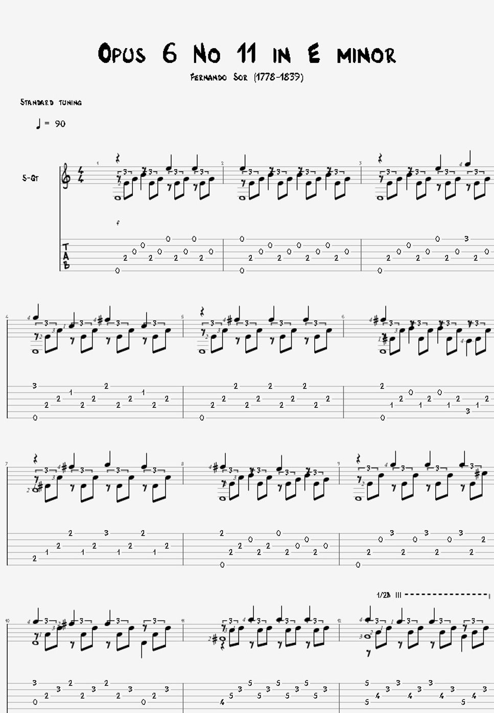 Fernando Sor - Opus 6 No 11 in E minor Tab + 1staff by Agape Guitar