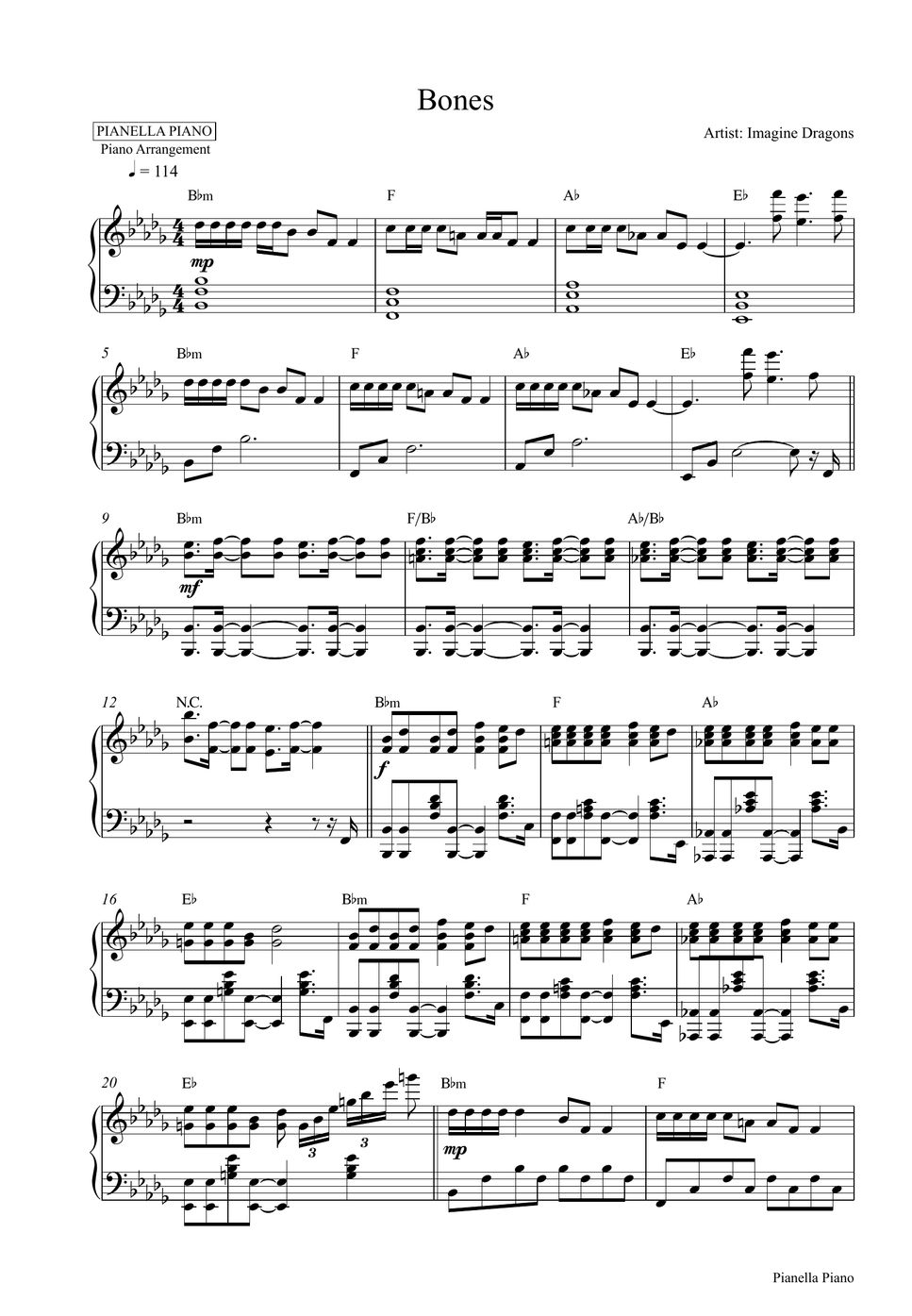 Imagine Dragons - Bones (Piano Sheet) Лист by Pianella Piano