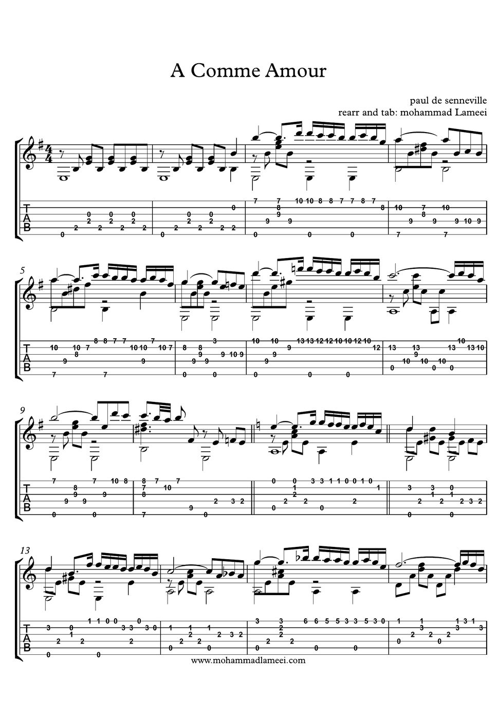 Richard Clayderman - A comme Amour Tab + 1staff by Mohammad Lameei