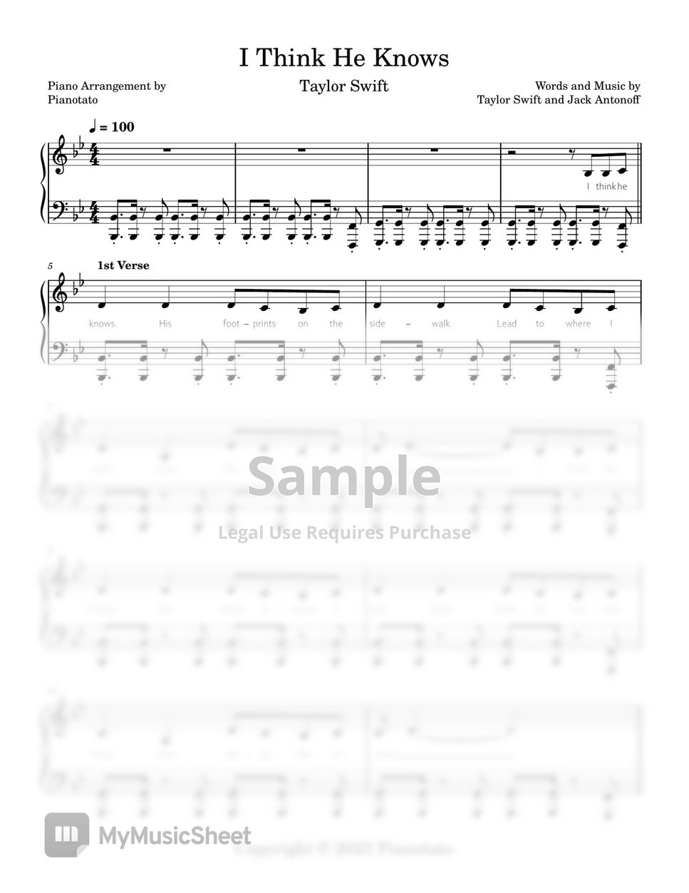 Taylor Swift - I Think He Knows Sheets by Pianotato