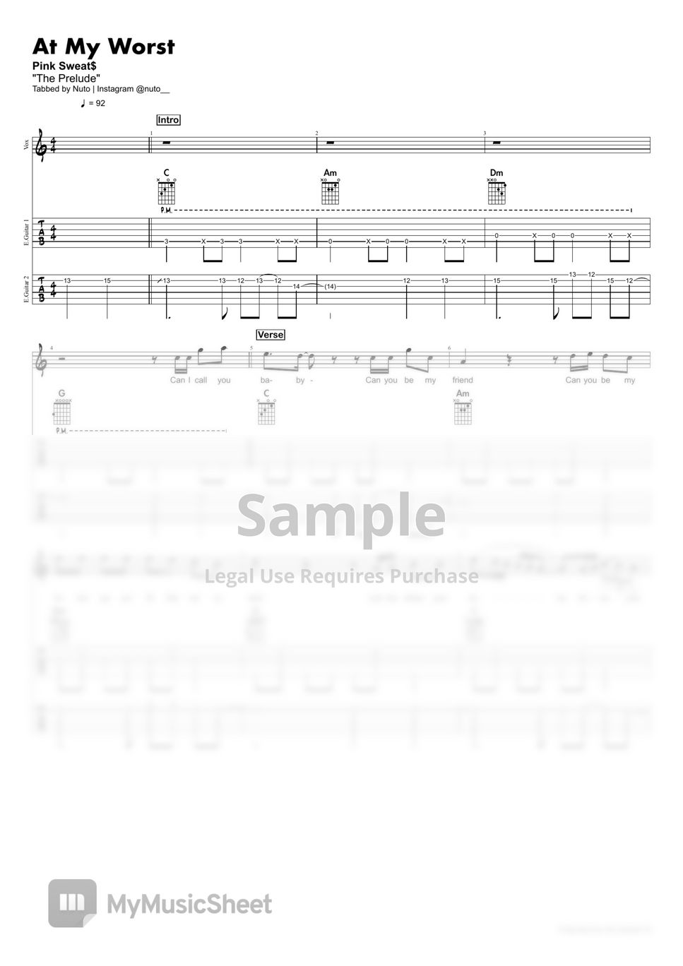 Pink Steat$ - At My Worst (일렉트릭 기타 악보 및 보컬 멜로디) TAB by Nuto