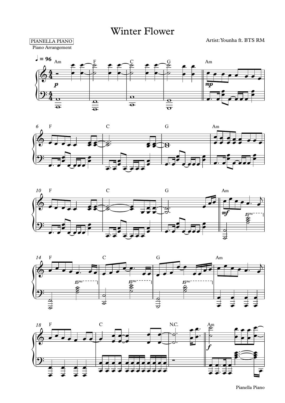 Younha ft. BTS RM - Winter Flower (Piano Sheet) Partitura by Pianella Piano