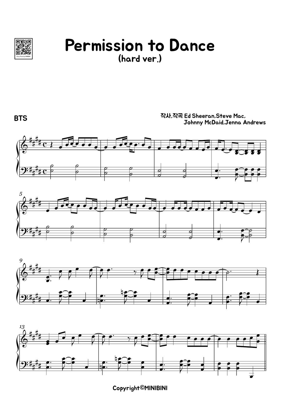 Bts 방탄소년단 Permission To Dance Hard Version 악보 By Minibini