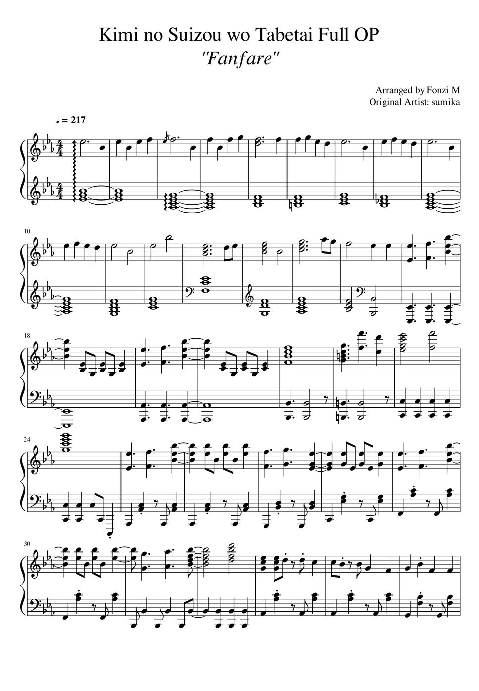 sumika - Kimi no Suizou wo Tabetai Full OP - "Fanfare" Notenblatt by Fonzi M