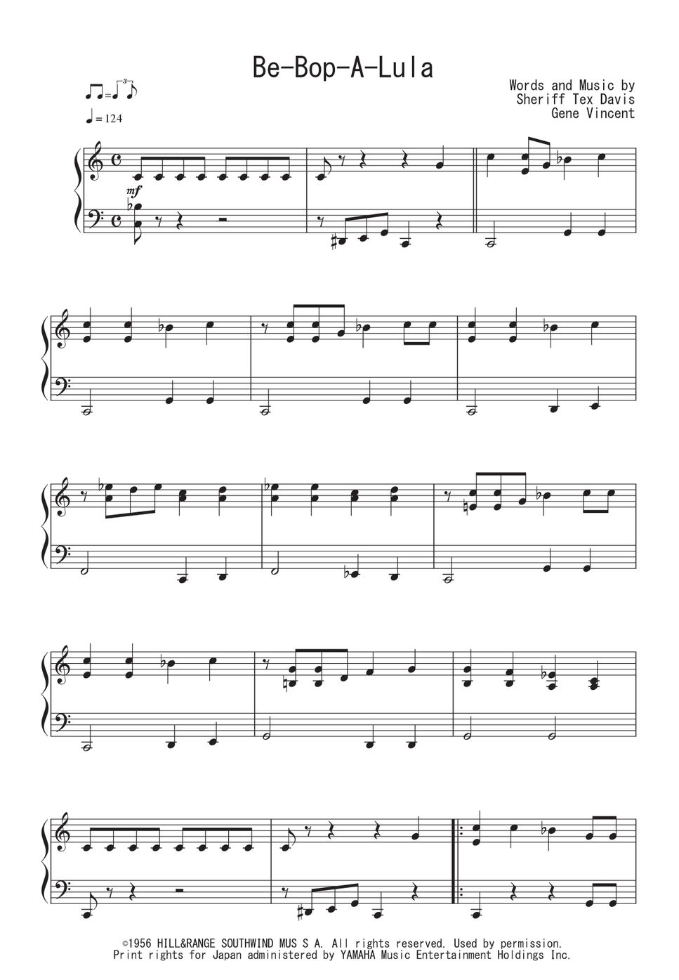 Sheriff/Vincent - Be Bop a Lula Piano Sheet Music PDF | Peony | mymusic5