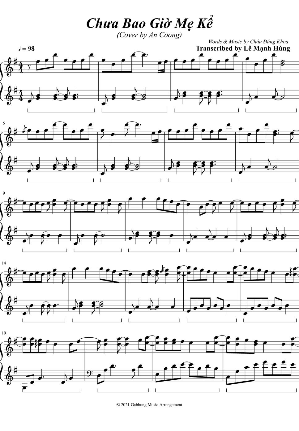 Cover by An Coong - CHƯA BAO GIỜ MẸ KỂ (Transcribed) 악보 by Le Manh Hung