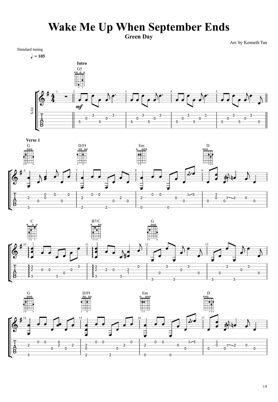 Green Day | Fingerstyle Guitar - Wake Me Up When September Ends TAB by ...