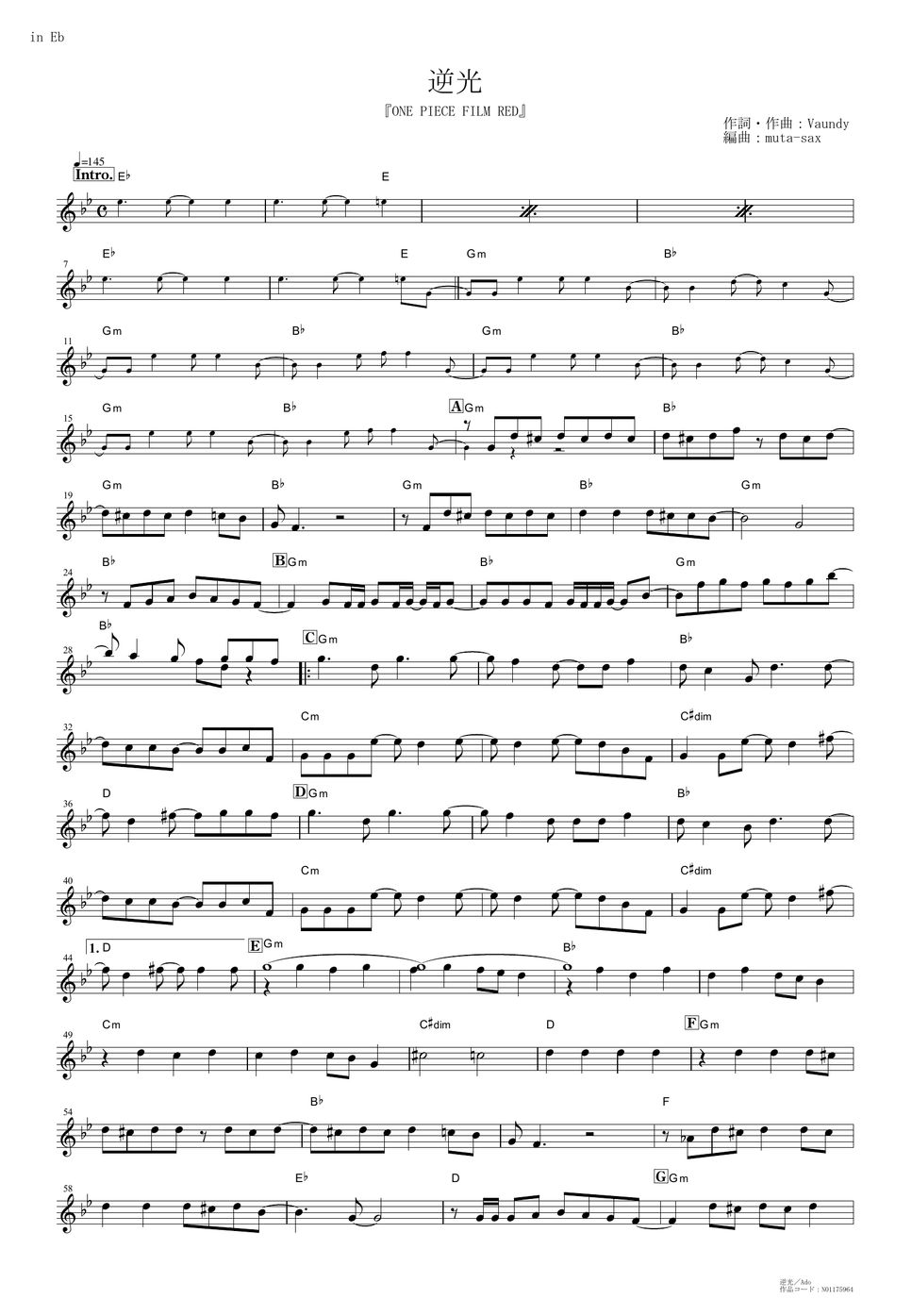 Ado - Backlight (One Piece Film: Red / in Eb) Nuty by muta-sax