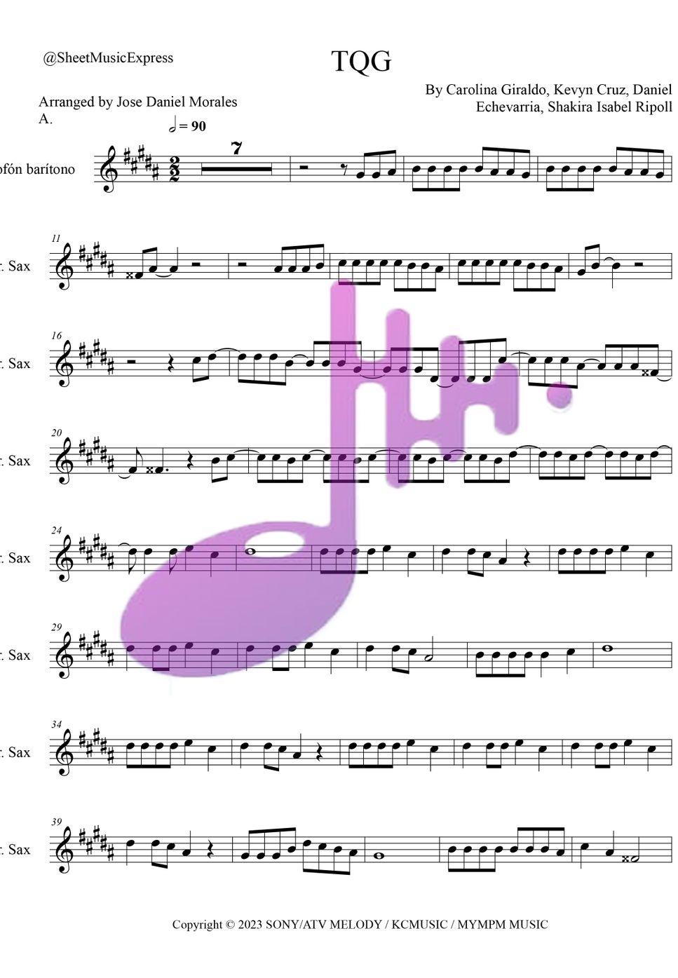 Karol G - TQG Alto Sax (Latin) Sheet Music by Sheet Music Express