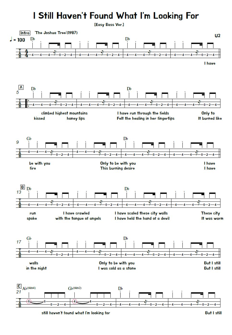 U2 - I Still Haven't Found What I'm Looking For (Easy Bass Ver.) Sheet ...
