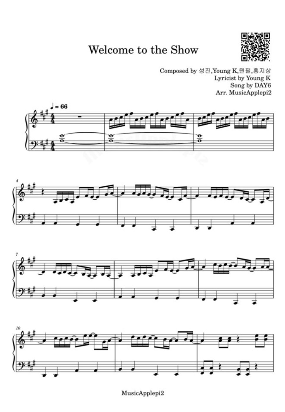 DAY6 - Welcome to the Show (쉬운원곡악보) Sheet Music by MusicApplepie