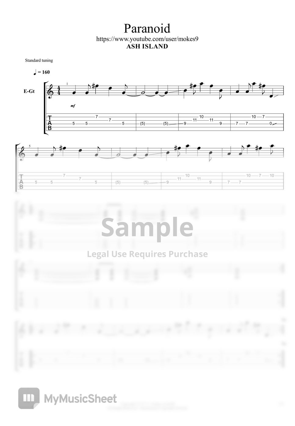 Ash Island(애쉬 아일랜드) - Paranoid(파라노이드) Tab + 단선 악보 by 모르크스 Guitar coverER